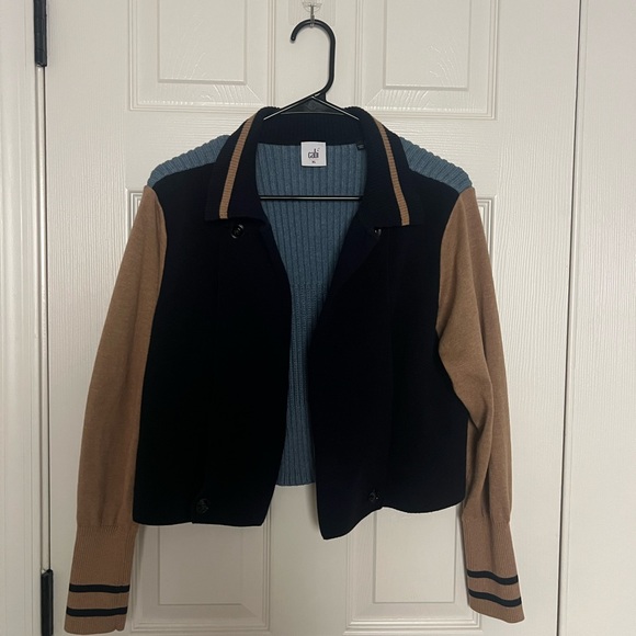 CAbi | Jackets & Coats | Cabi Varsity Jacket Black Tan Blue | Poshmark